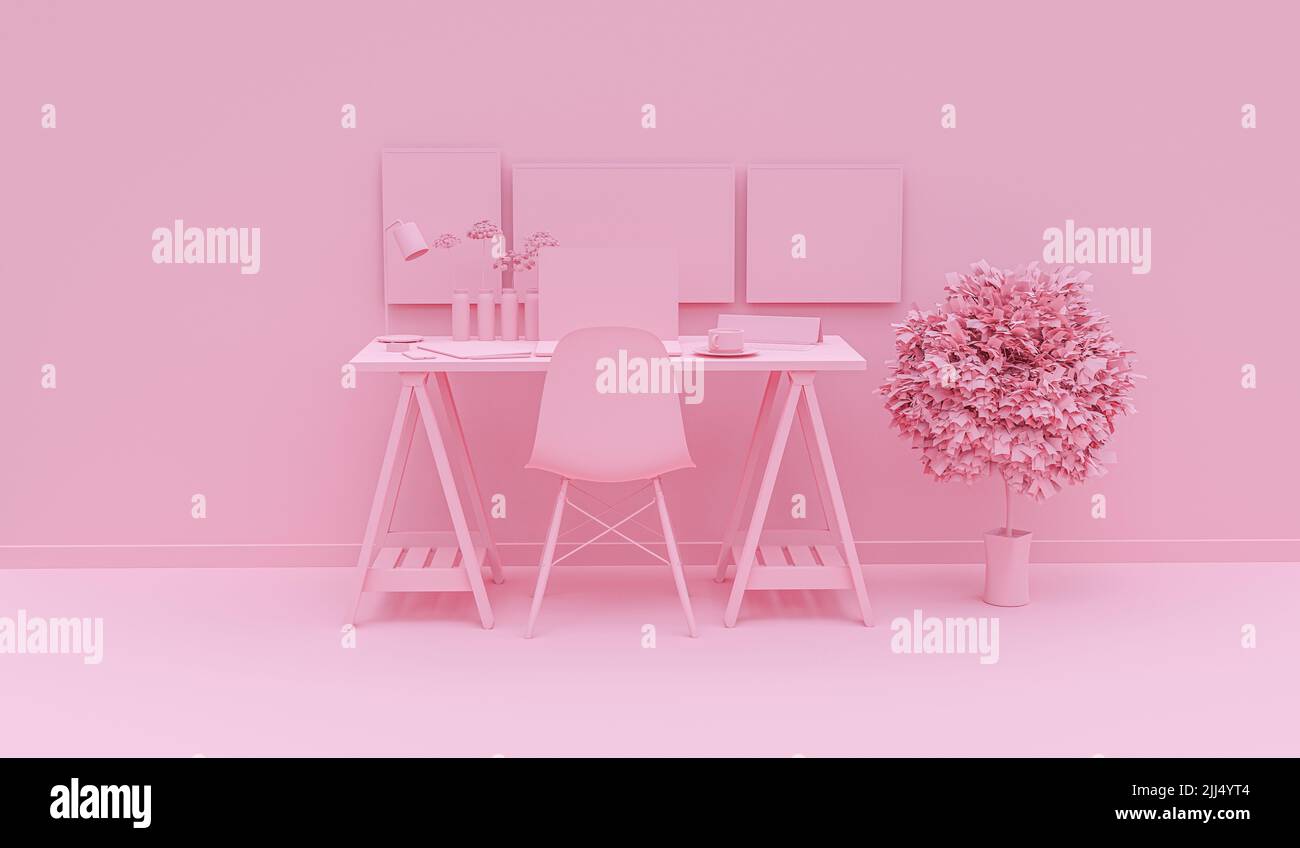 Creative interior study room in pink studio with comfortable table and ...
