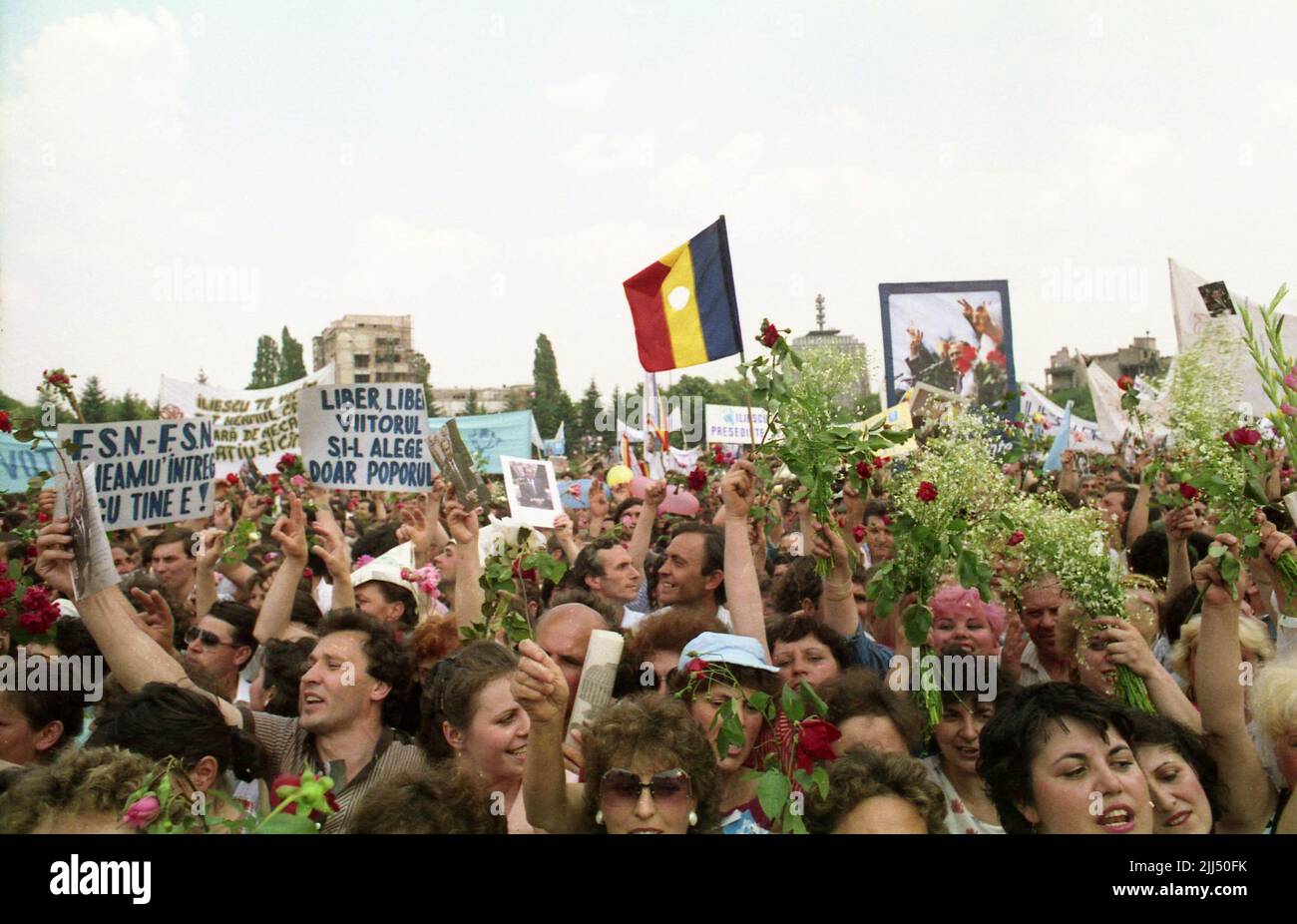 Bucharest, Romania, May 1990. Crowd attending a political rally ...