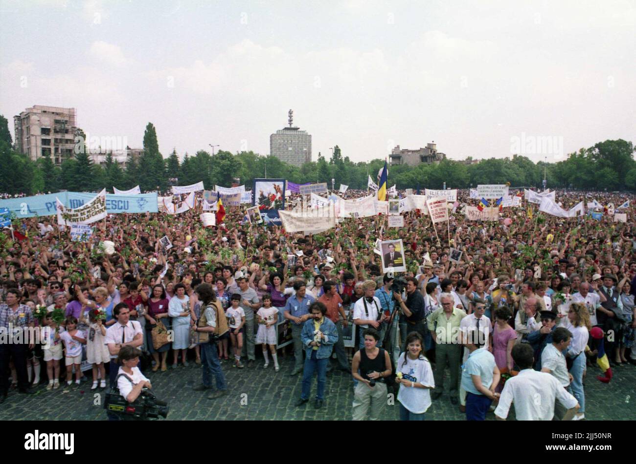 Bucharest, Romania, May 1990. Crowd attending a political rally ...
