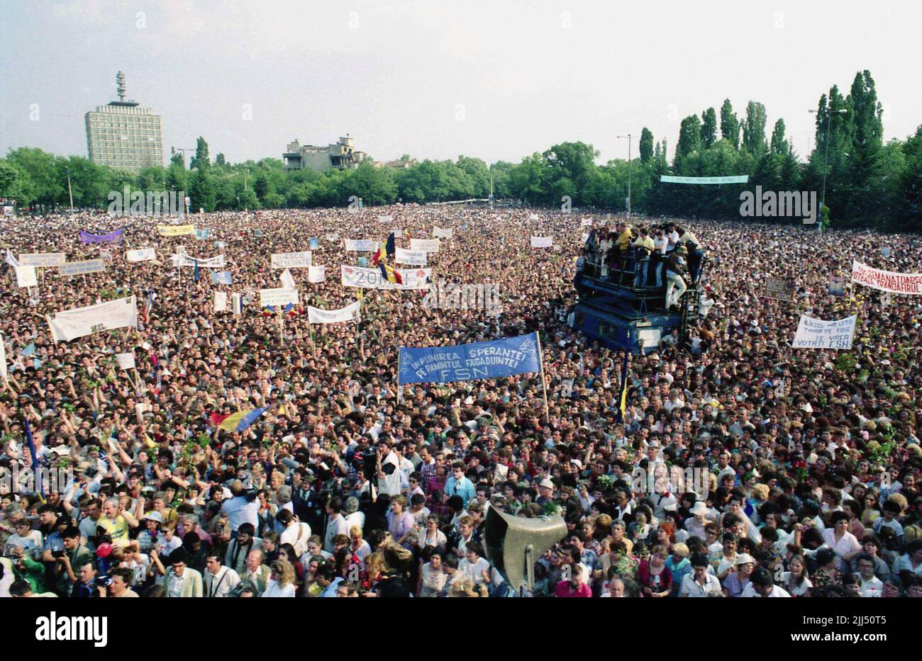 Bucharest, Romania, May 1990. Crowd attending a political rally ...