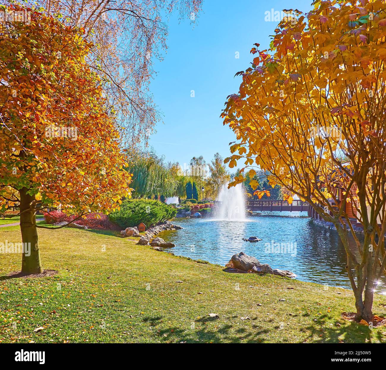The scenic lake with fountains behind the green grass and bright yellow ...