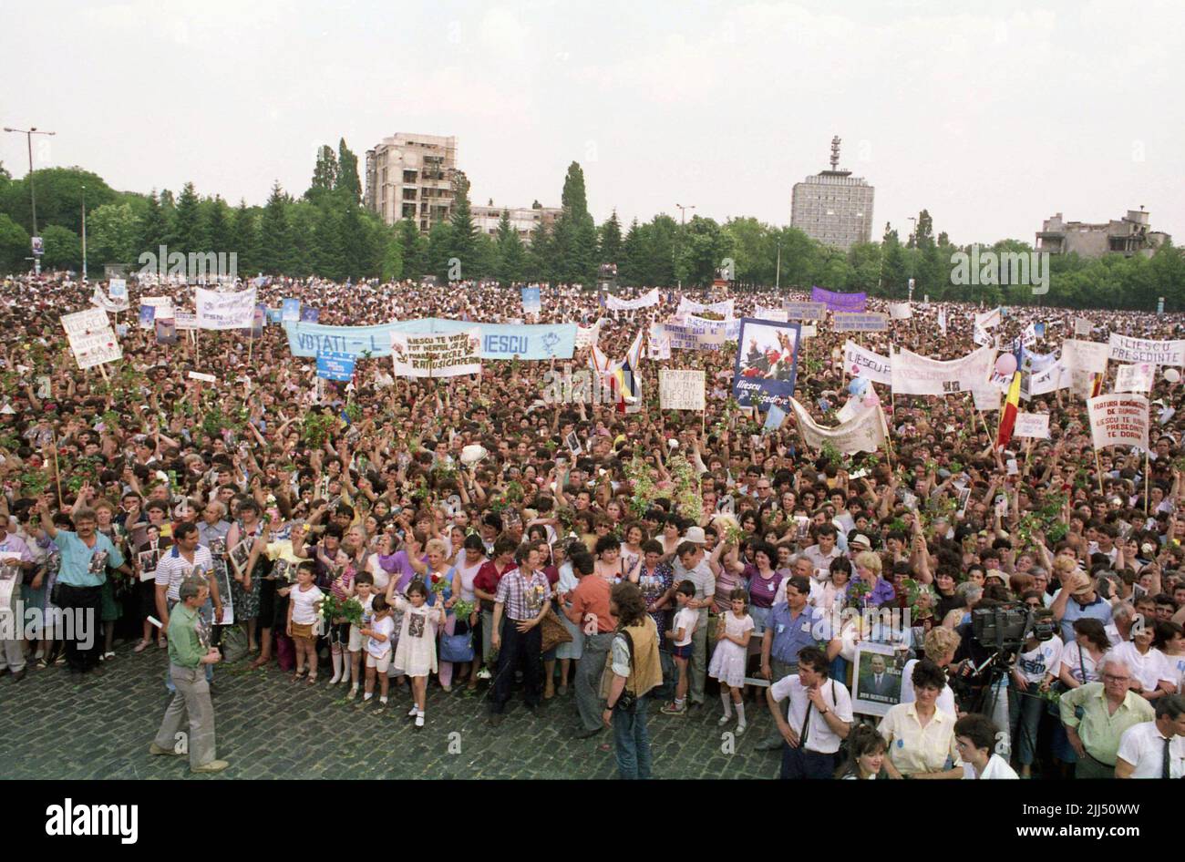 Bucharest, Romania, May 1990. Crowd attending a political rally ...