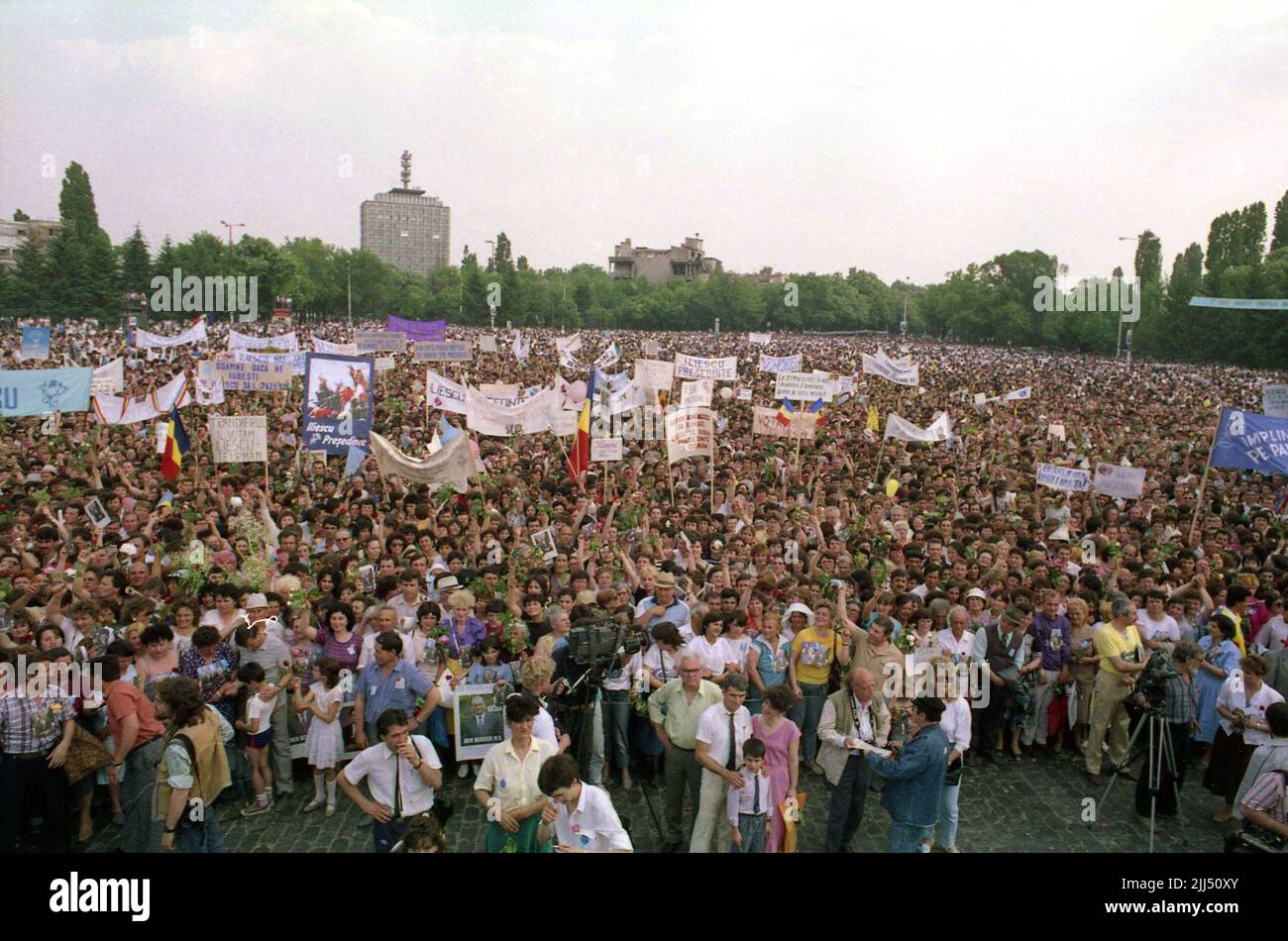 Bucharest, Romania, May 1990. Crowd attending a political rally ...