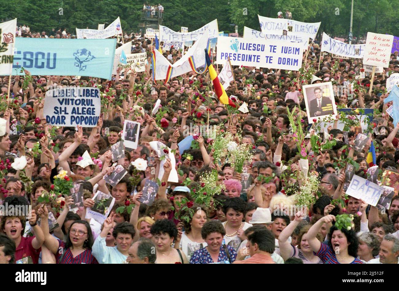 Bucharest, Romania, May 1990. Crowd attending a political rally ...