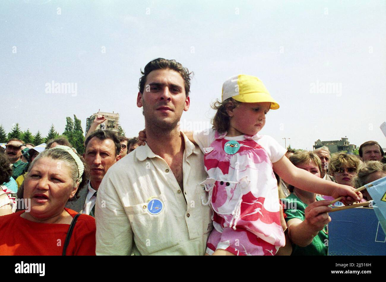 Bucharest, Romania, May 1990. Political rally organized by the National ...