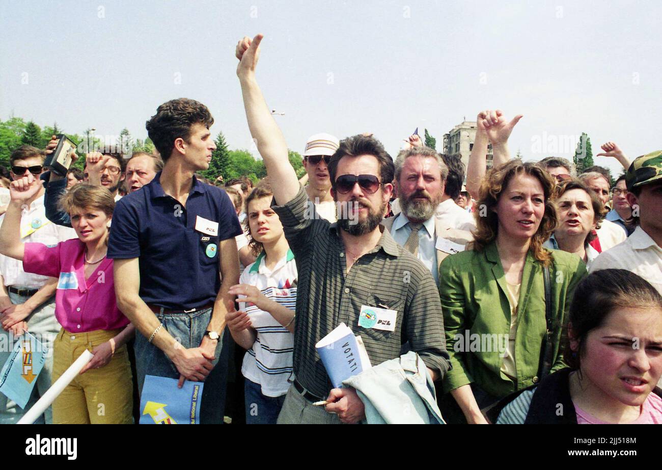 Bucharest, Romania, May 1990. Political rally organized by the National ...