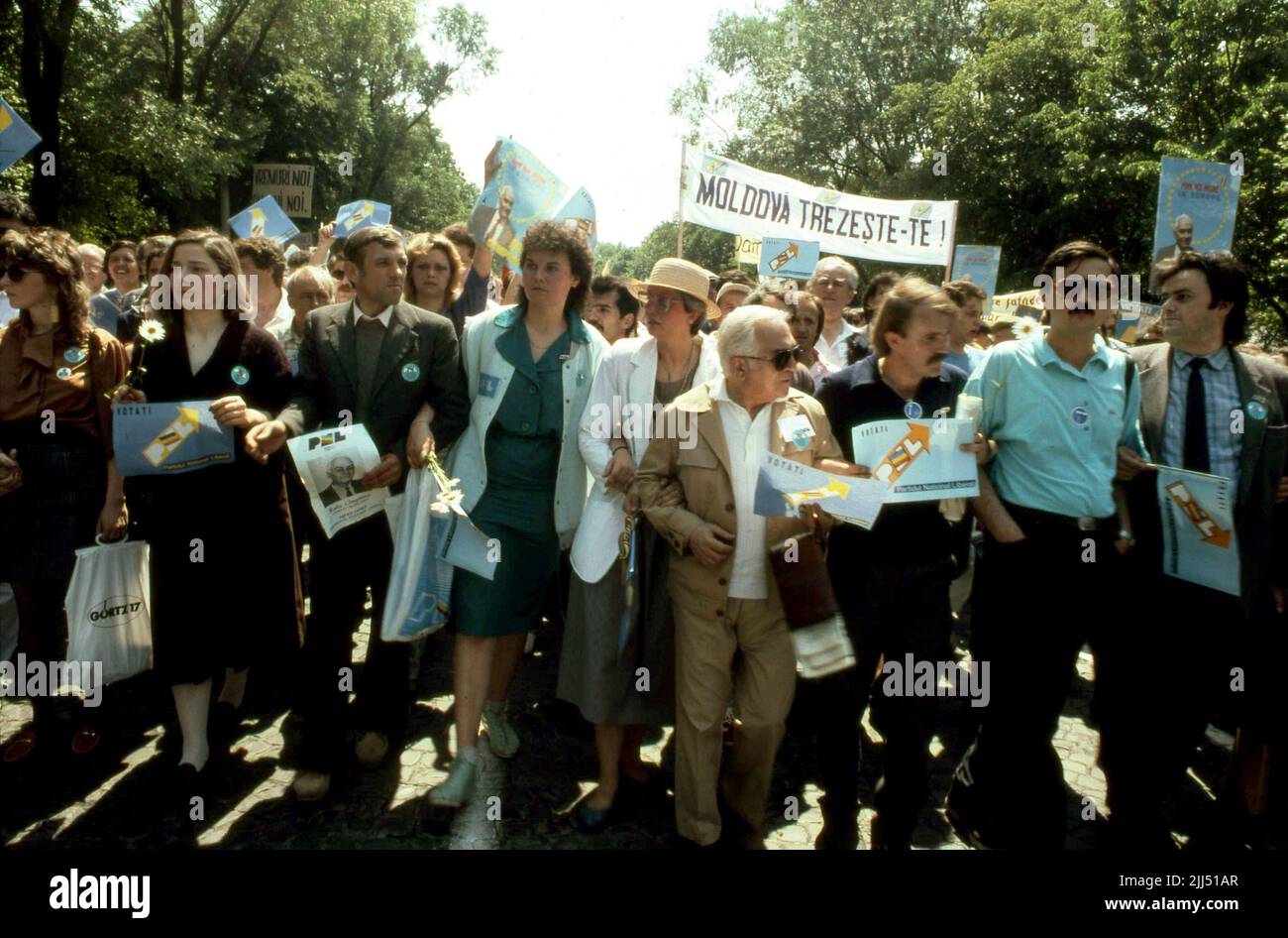 Bucharest, Romania, May 1990. Political rally organized by the National ...