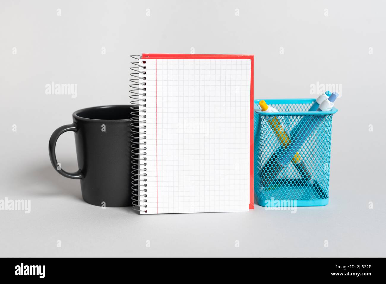 Cup, Notebook With Important Message And Pencil Case On Desk. Mug, Note ...