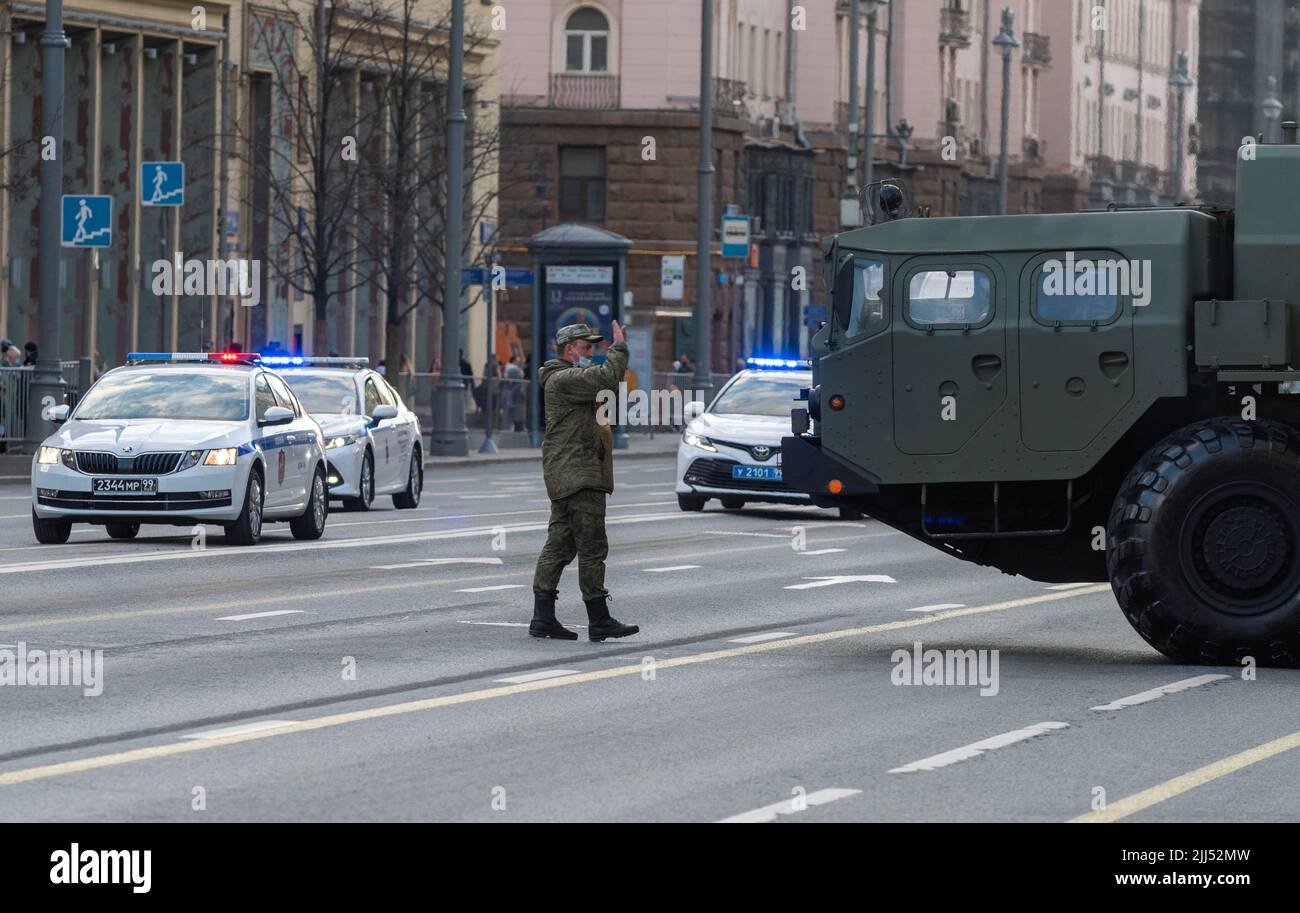 April 29, 2021, Moscow, Russia. A serviceman of the Military Automobile ...