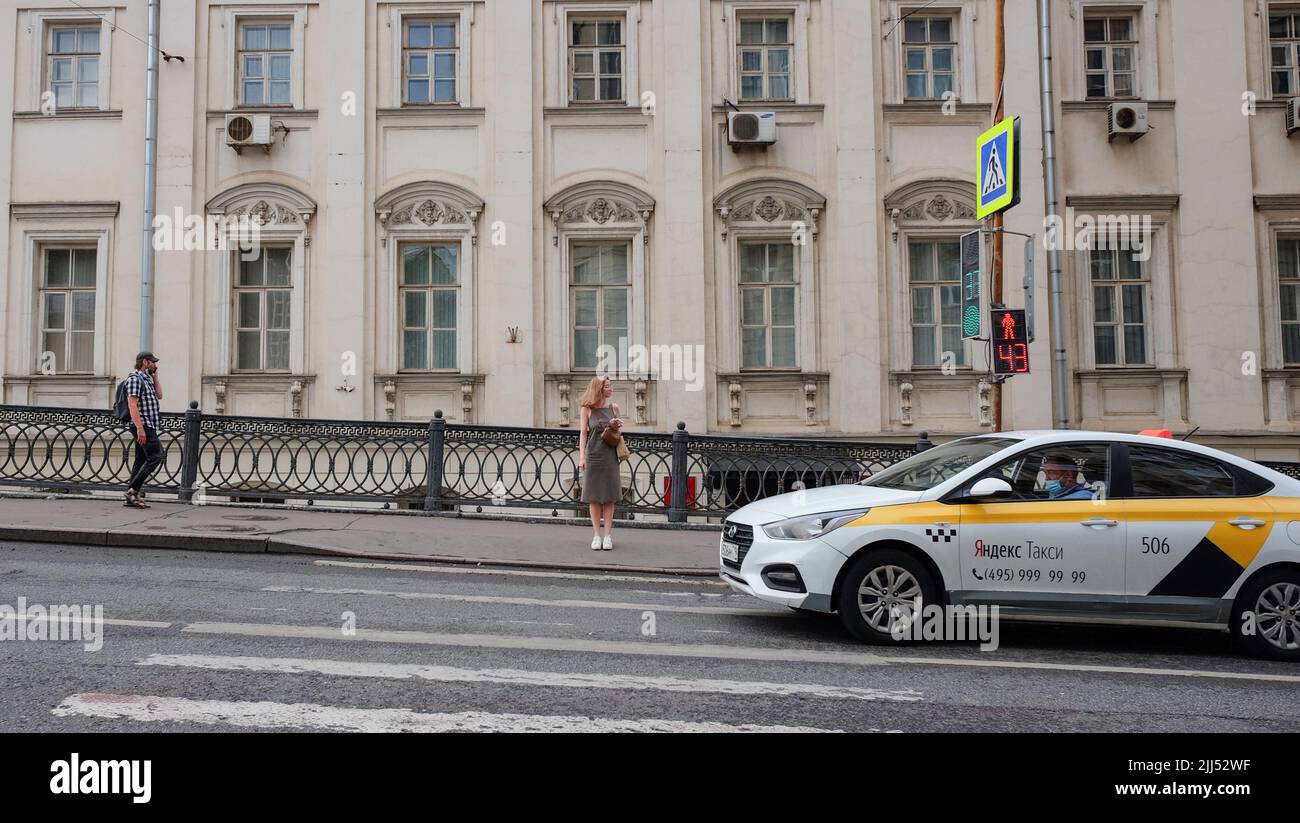 July 15, 2021, Moscow, Russia. A Yandex Taxi service car at a ...