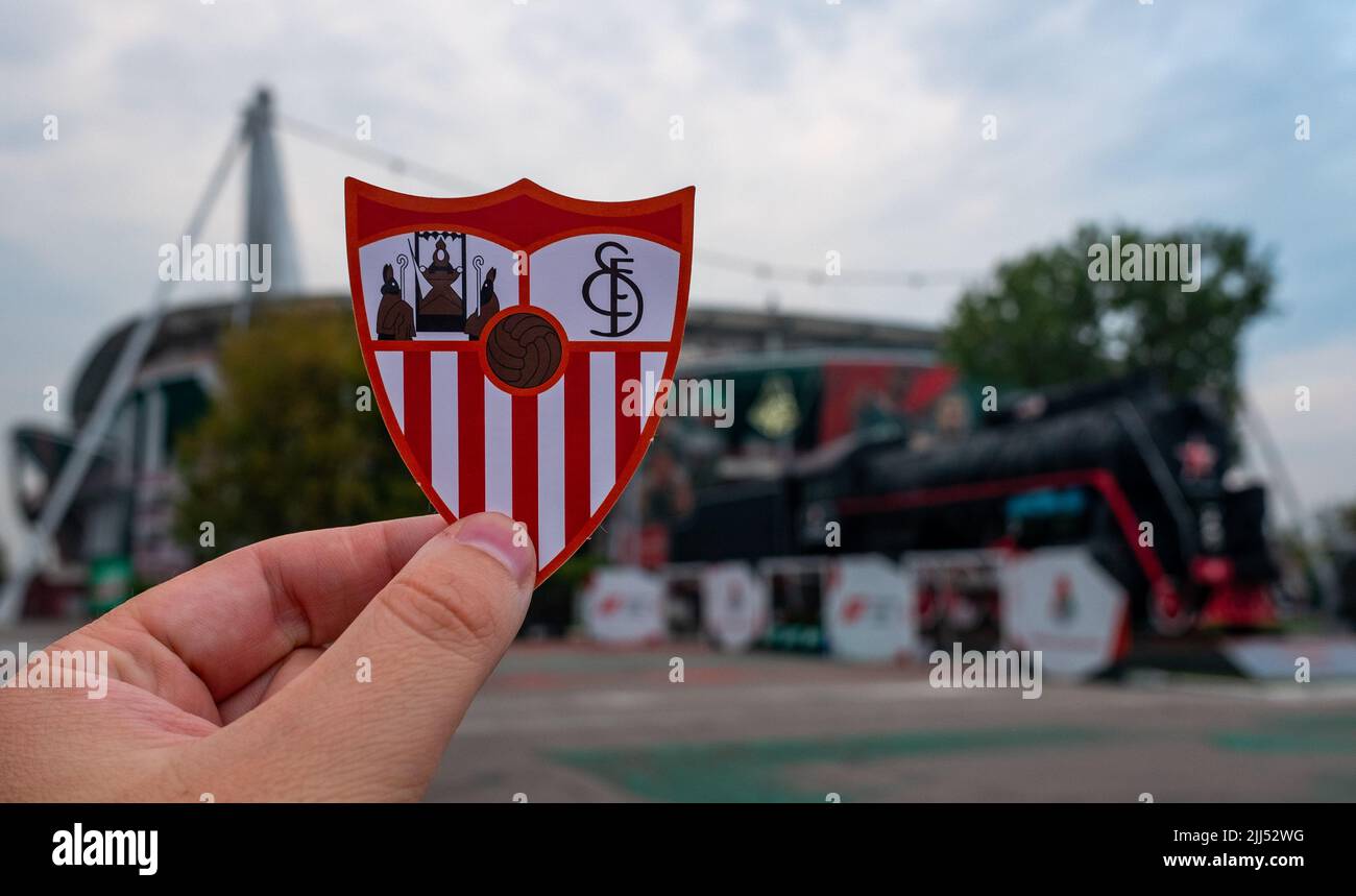 August 30, 2021, Seville, Spain. The emblem of the football club ...