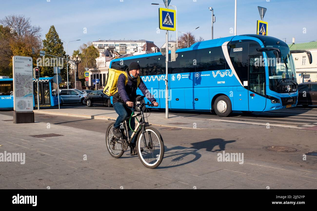 October 12, 2021, Moscow, Russia. An employee of the Yandex Food ...
