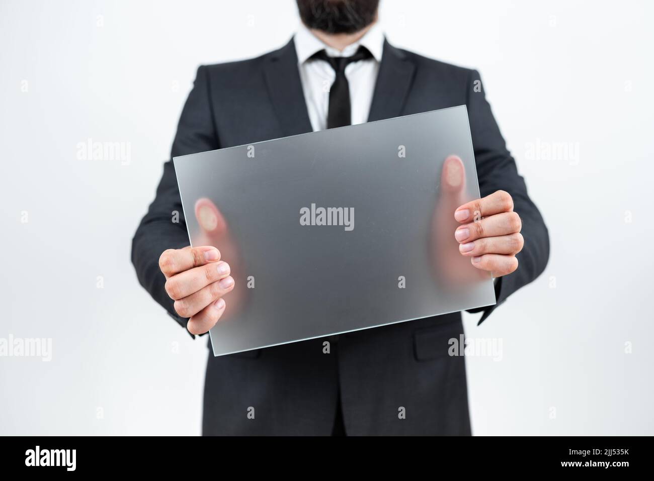 Professional Adult Holding Placard And Presenting Important Information ...