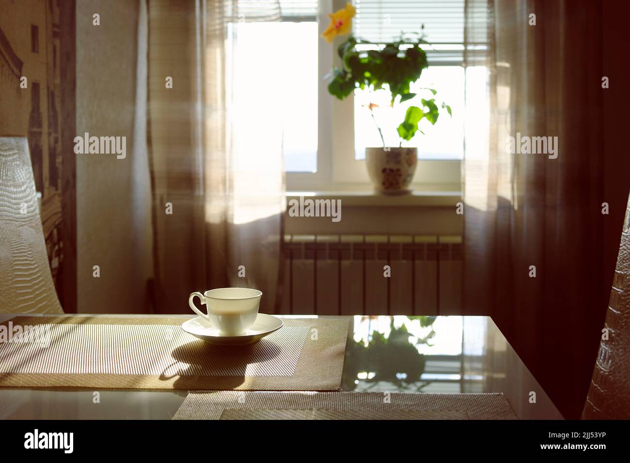 a cup of hot steaming coffee on a sunny morning on the kitchen table ...