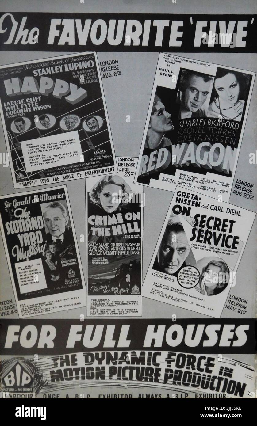 Trade Ad for 5 B.I.P. films for 1934 HAPPY with STANLEY LUPINO LADDIE ...
