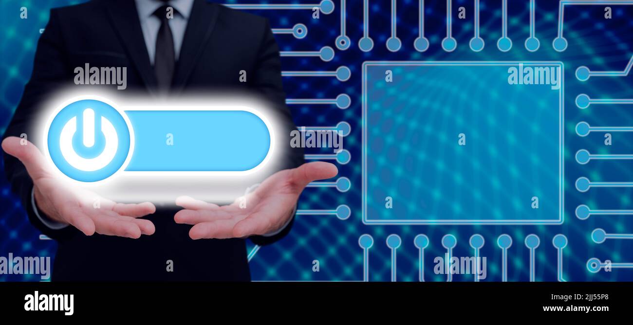 Businessman With Two Hands Presenting Power Button Symbol And ...