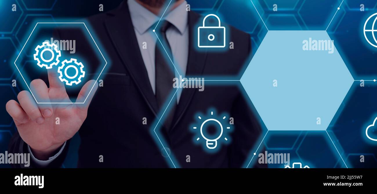 Businessman Pointing And Pressing Digital Symbols And Settings In An Abstract Hexagon Pattern ...