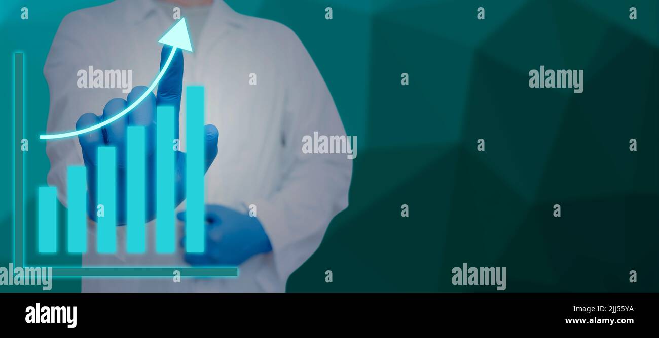 Doctor Wearing Gloves, Pointing With One Finger On Graph With Arrows Up ...