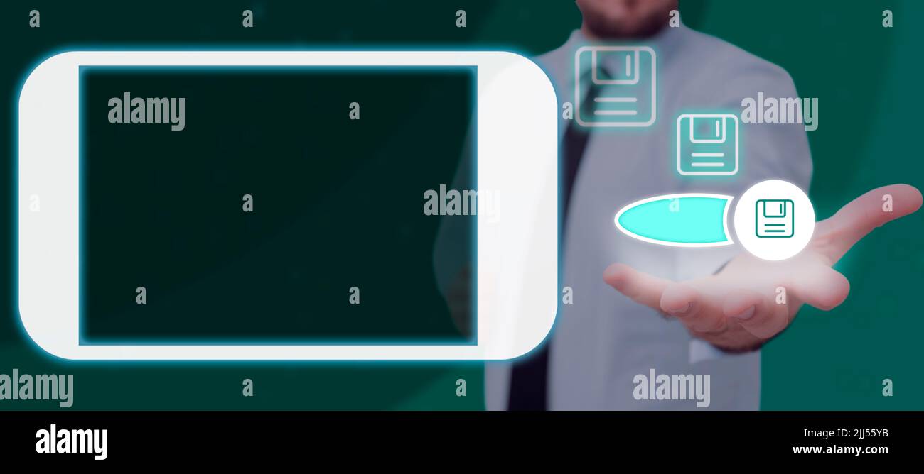 Businessman Extending Arm And Displaying Floppy Disk Symbols With A ...