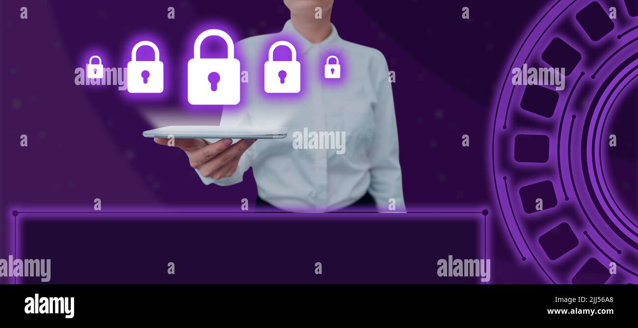 Businesswoman Holding Tablet Presenting Digitally Generated Padlocks ...