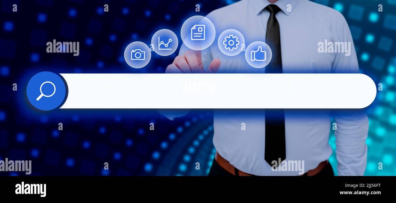 Businessman Pointing On Digital Synbols And Search Bar Looking For Data ...