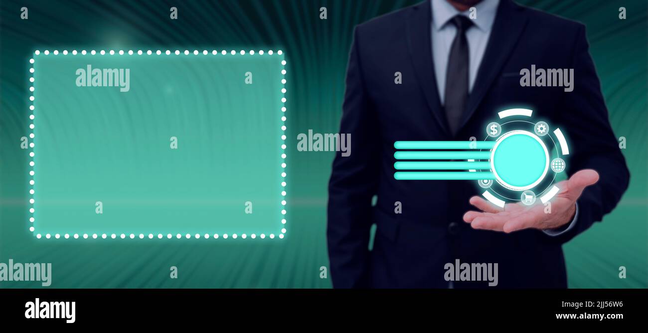 Businessman With One Hand Displaying Digital Symbols And Presenting ...