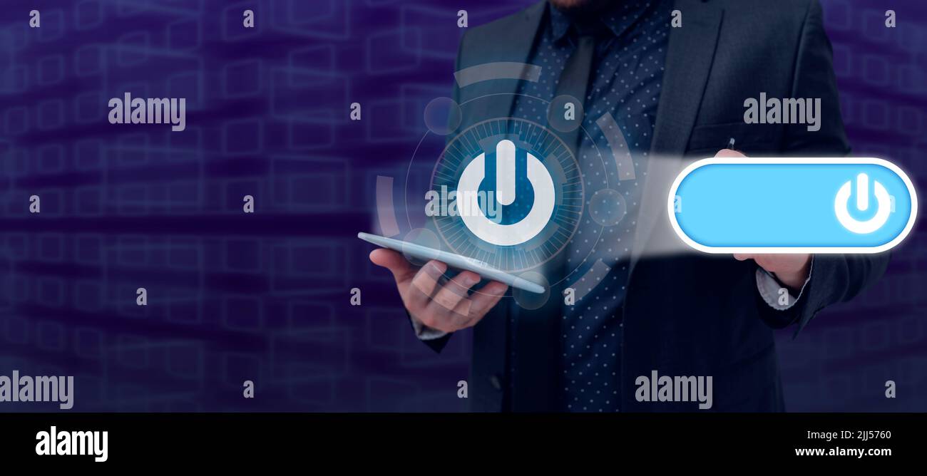 Businessman Holding Tablet And Pen Pointing Digital Power Button Symbol ...