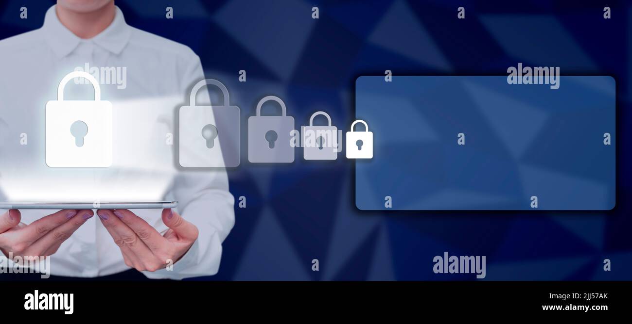 Businesswoman Holding Tablet Presenting Digitally Generated Padlocks By ...