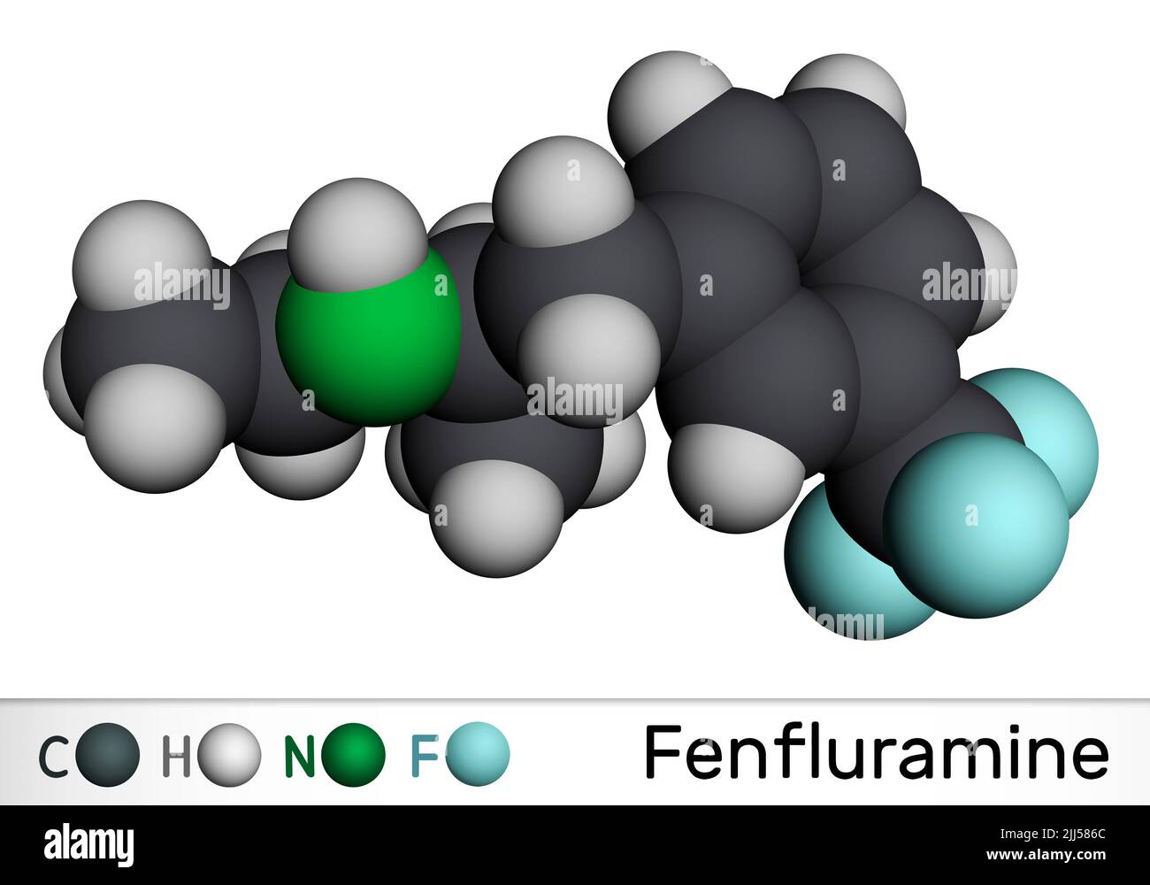 Fenfluramine drug molecule. It is phenethylamine, used as an appetite ...