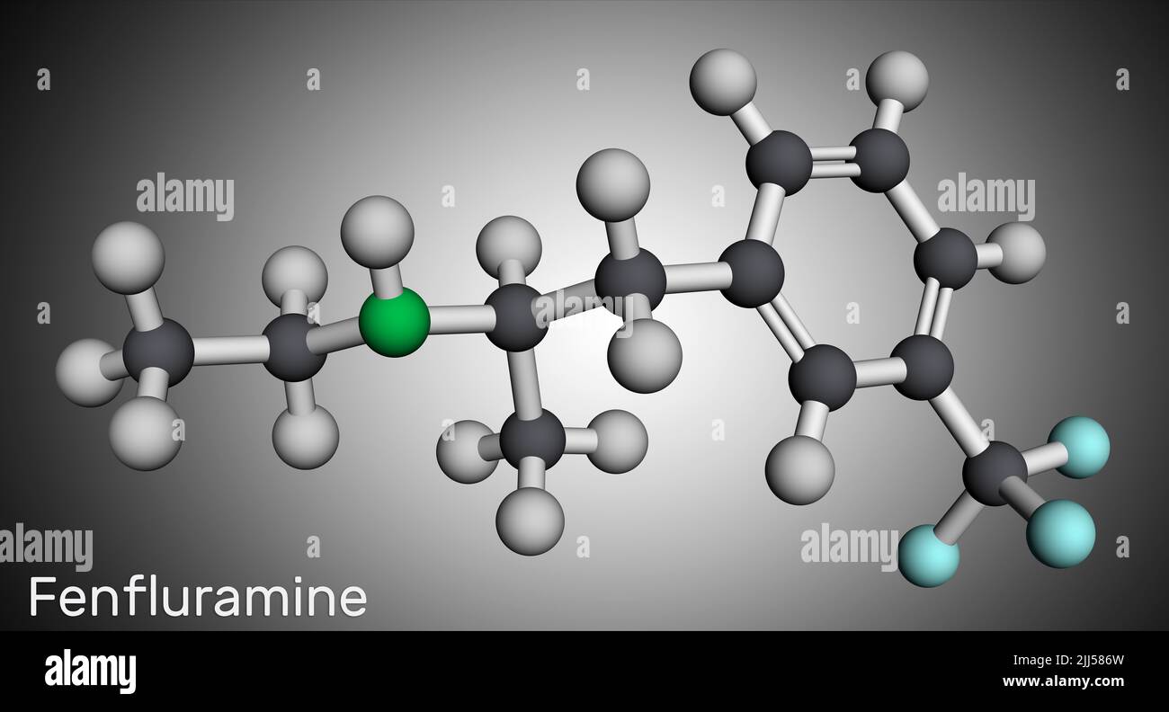Fenfluramine drug molecule. It is phenethylamine, used as an appetite ...