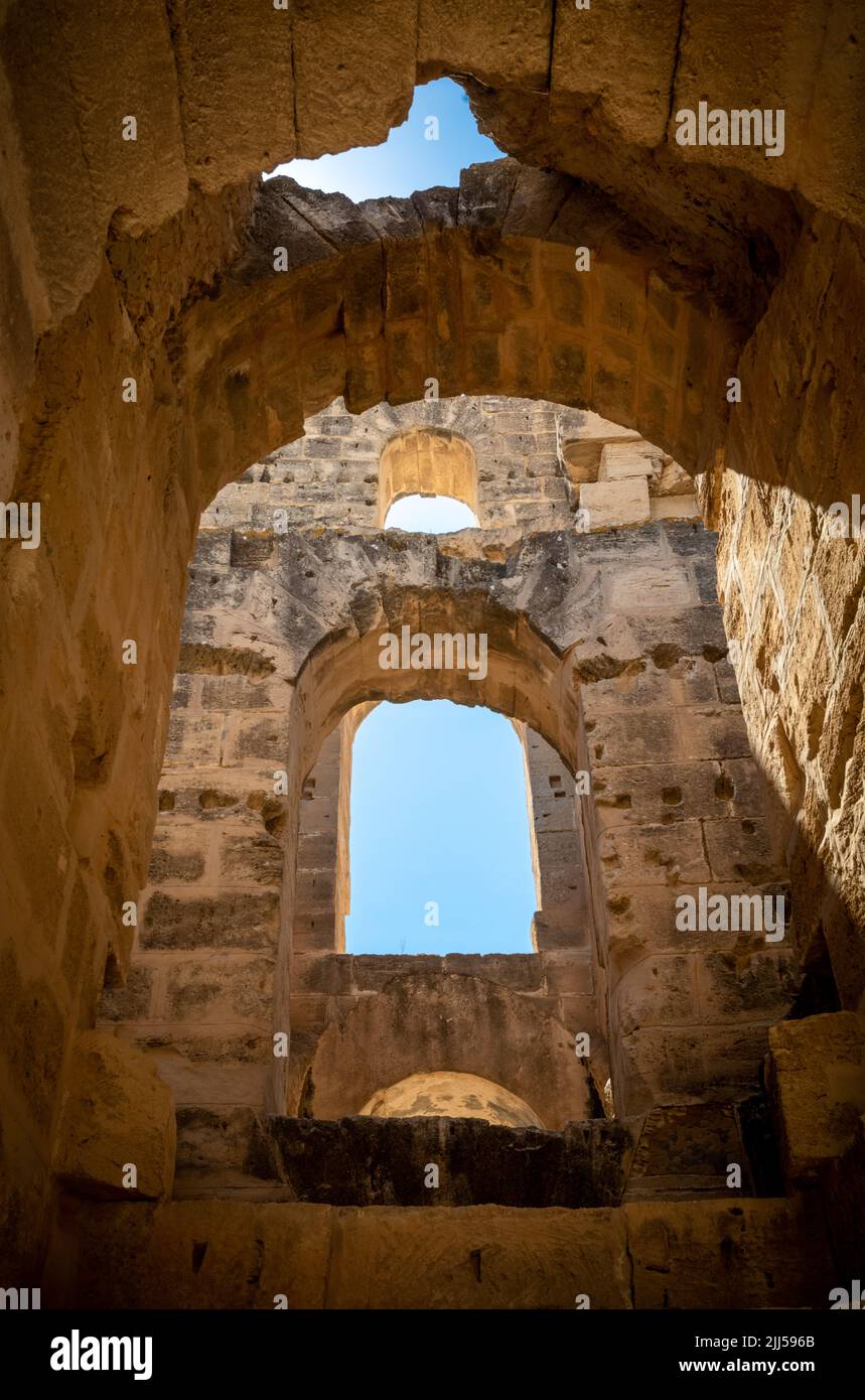 Looking up inside the ruins of the immense Roman amphitheatre in El Jem ...