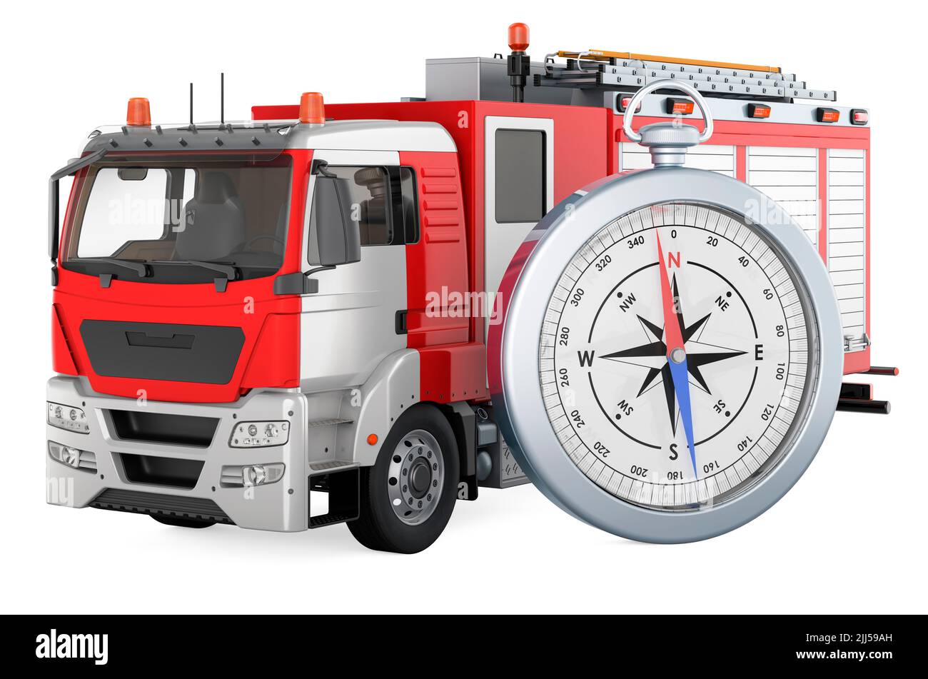 Fire engine with compass, 3D rendering isolated on white background ...