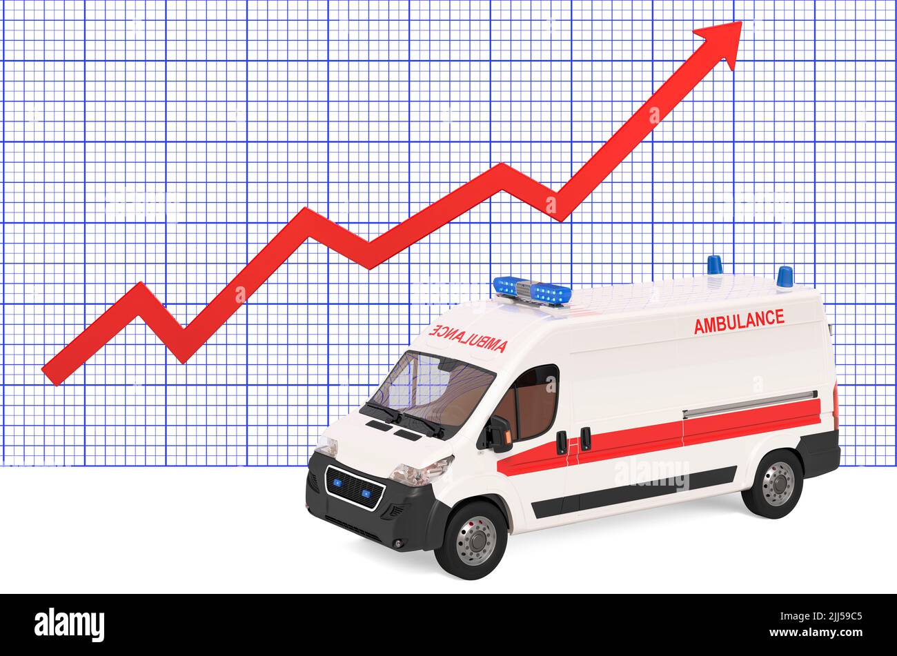 Ambulance van with growing chart. 3D rendering isolated on white ...