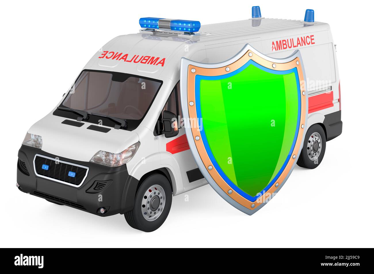Ambulance van with shield. 3D rendering isolated on white background ...
