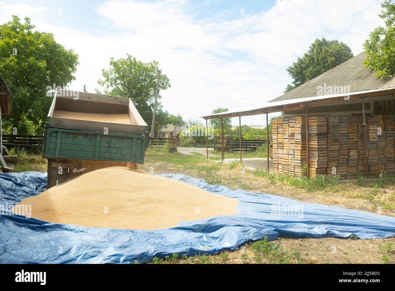 Ukraine, Vartekivtsi, July 19, 2022. Trucks loaded with construction ...