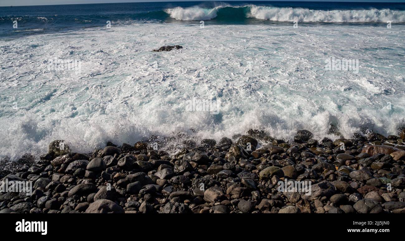Atlantic Ocean shore on the east side of Canary Island with volcanic ...