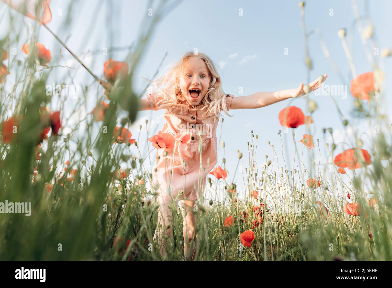 Playful girl jumping in poppy field Stock Photo - Alamy