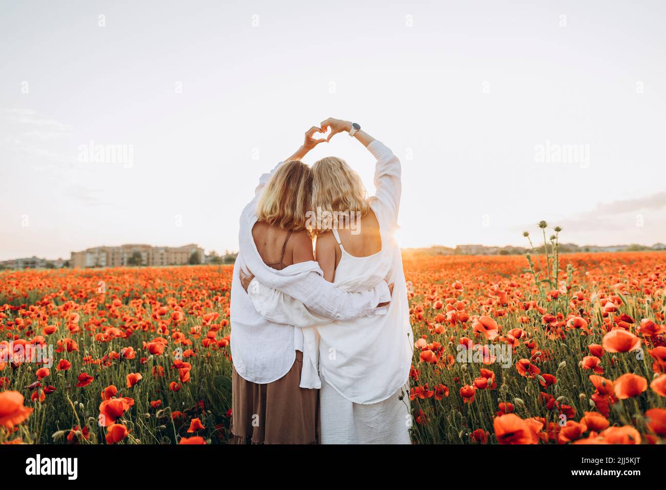 Friends making heart shape with hand in poppy field Stock Photo - Alamy