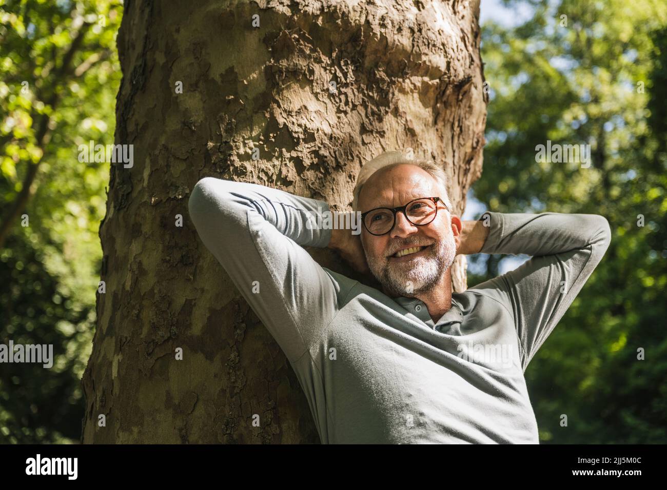 Happy man with hands behind head leaning on tree trunk Stock Photo - Alamy