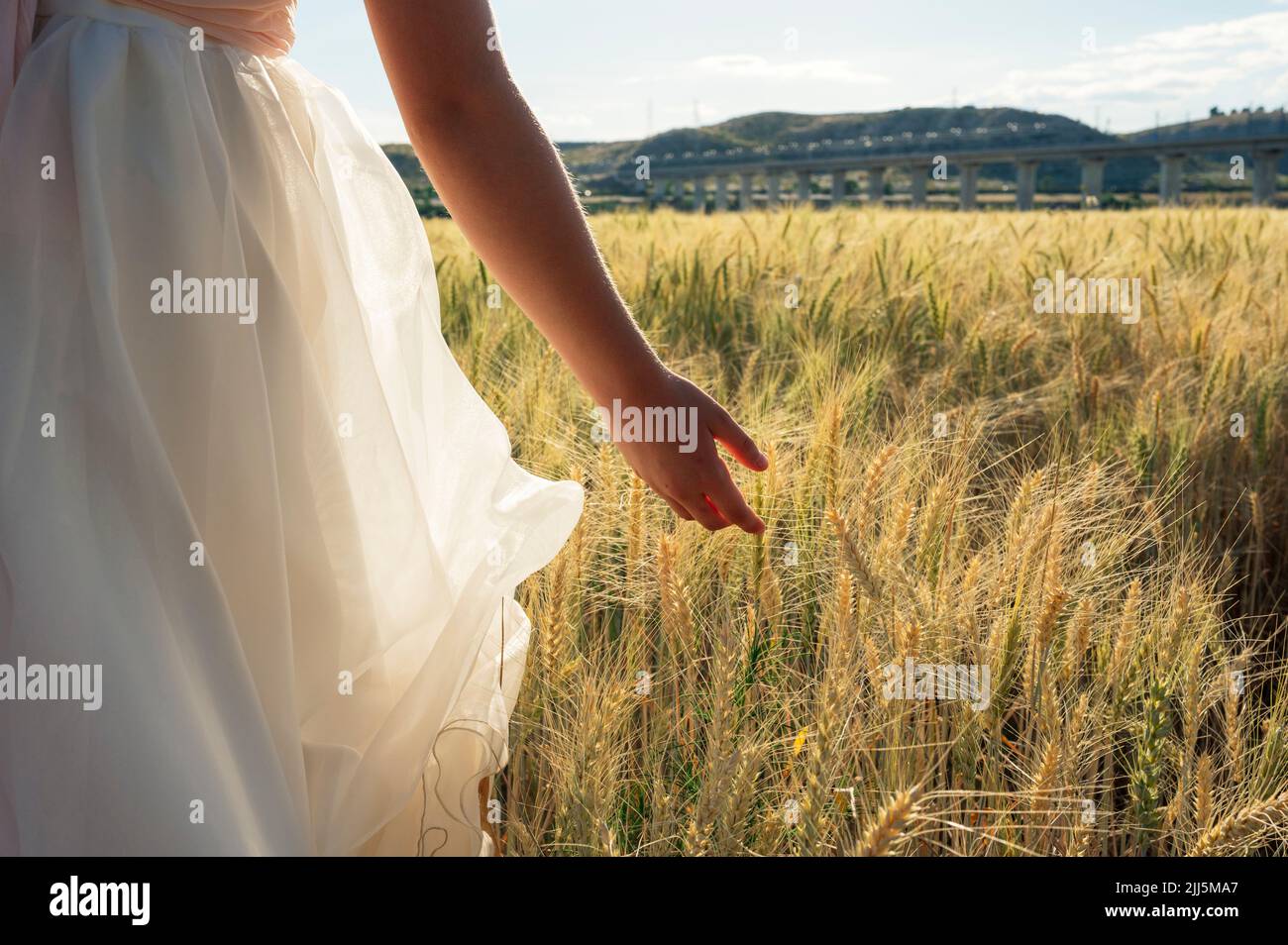 Girl walking in wheat field Stock Photo - Alamy