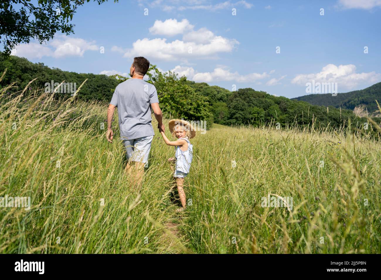 Father and daughter walking through field on sunny day Stock Photo - Alamy