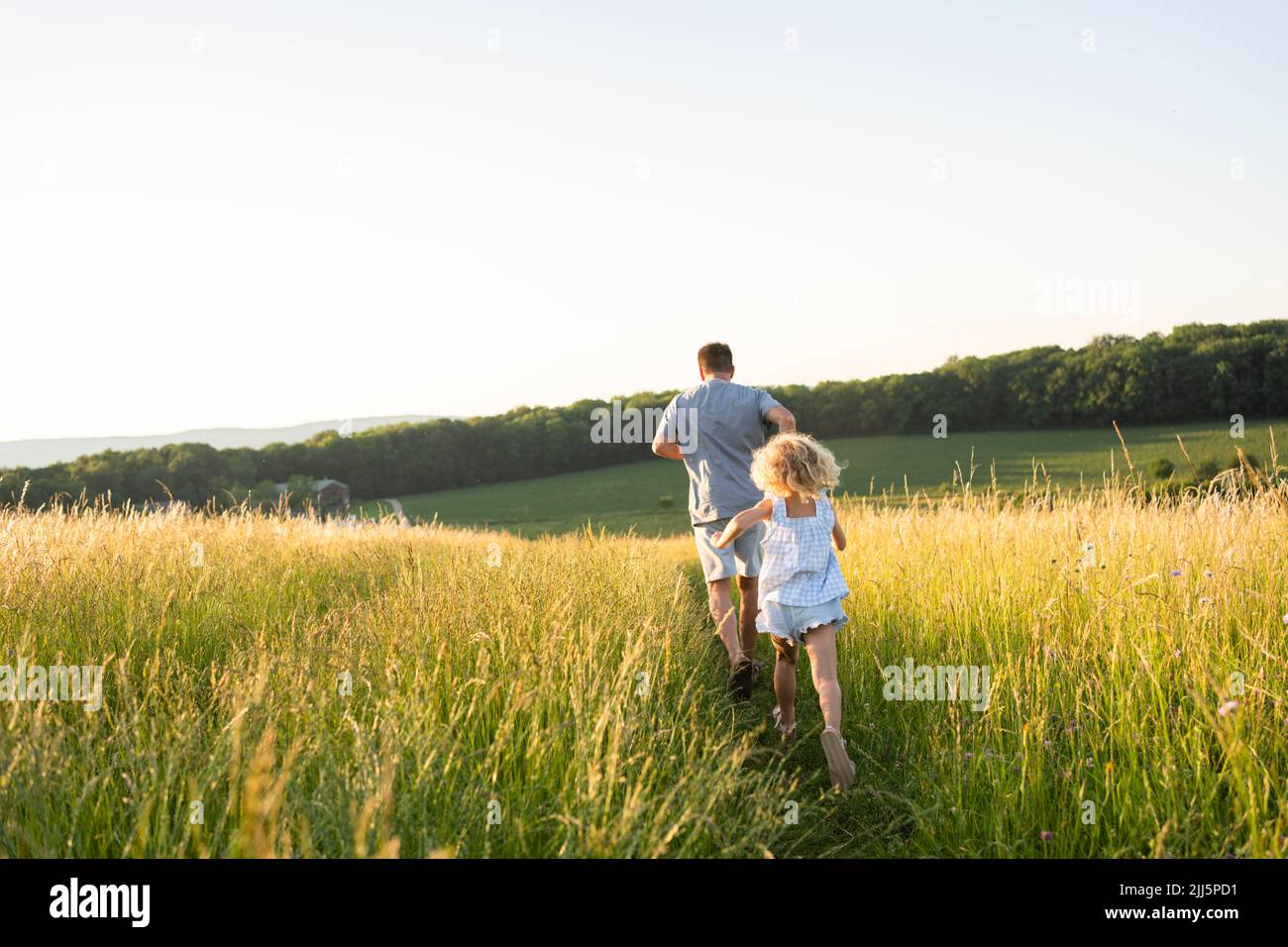 Father and daughter running together in field Stock Photo - Alamy