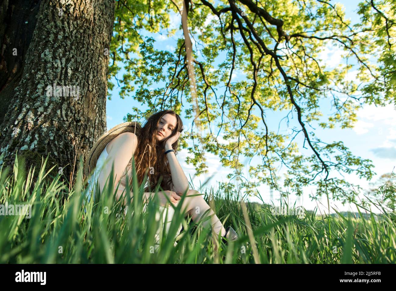 Woman with long hair sitting under tree Stock Photo - Alamy