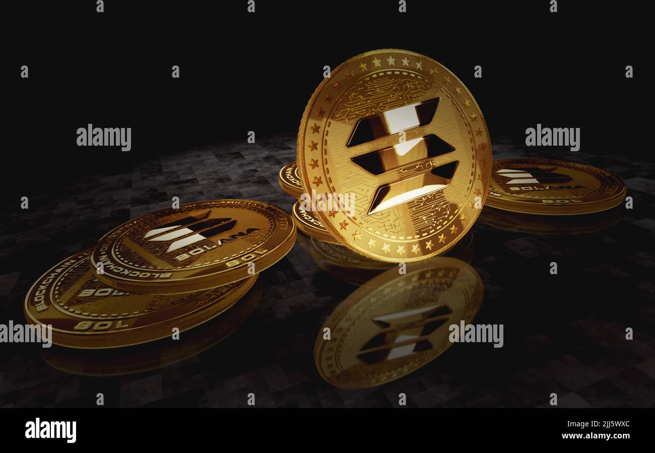 Solana SOL stablecoin cryptocurrency gold coin on green screen ...
