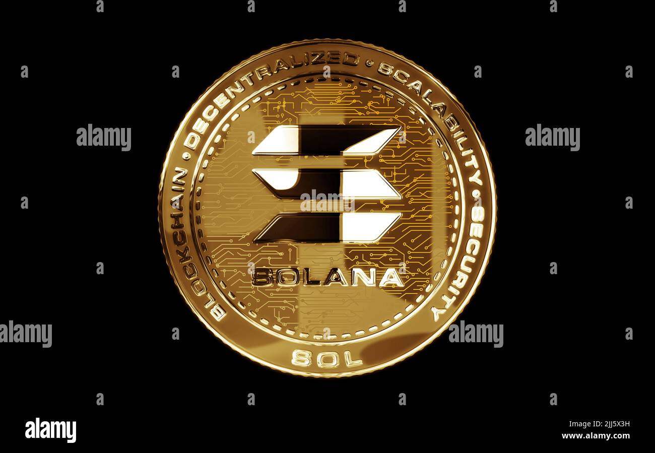 Solana SOL stablecoin cryptocurrency isolated gold coin on green screen ...