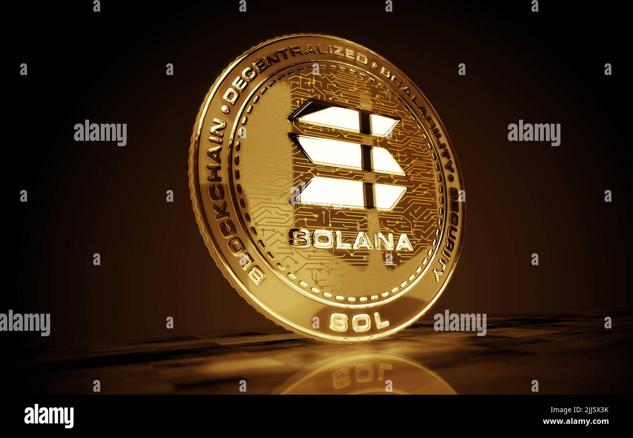 Solana SOL stablecoin cryptocurrency gold coin on green screen ...