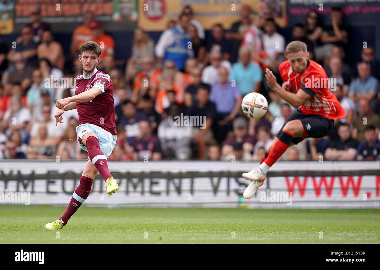 West Ham United's Declan Rice shoots during a pre-season friendly match ...