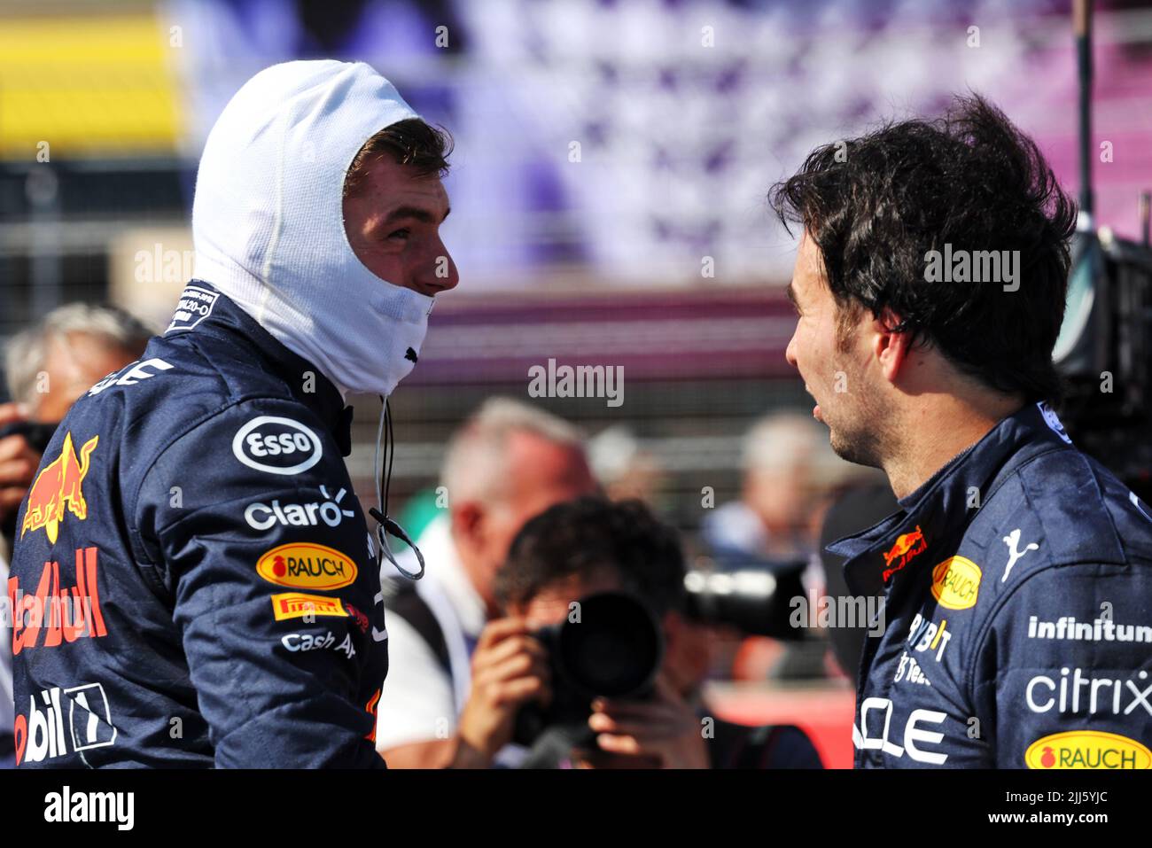 Max Verstappen (NLD) Red Bull Racing with team mate Sergio Perez (MEX ...