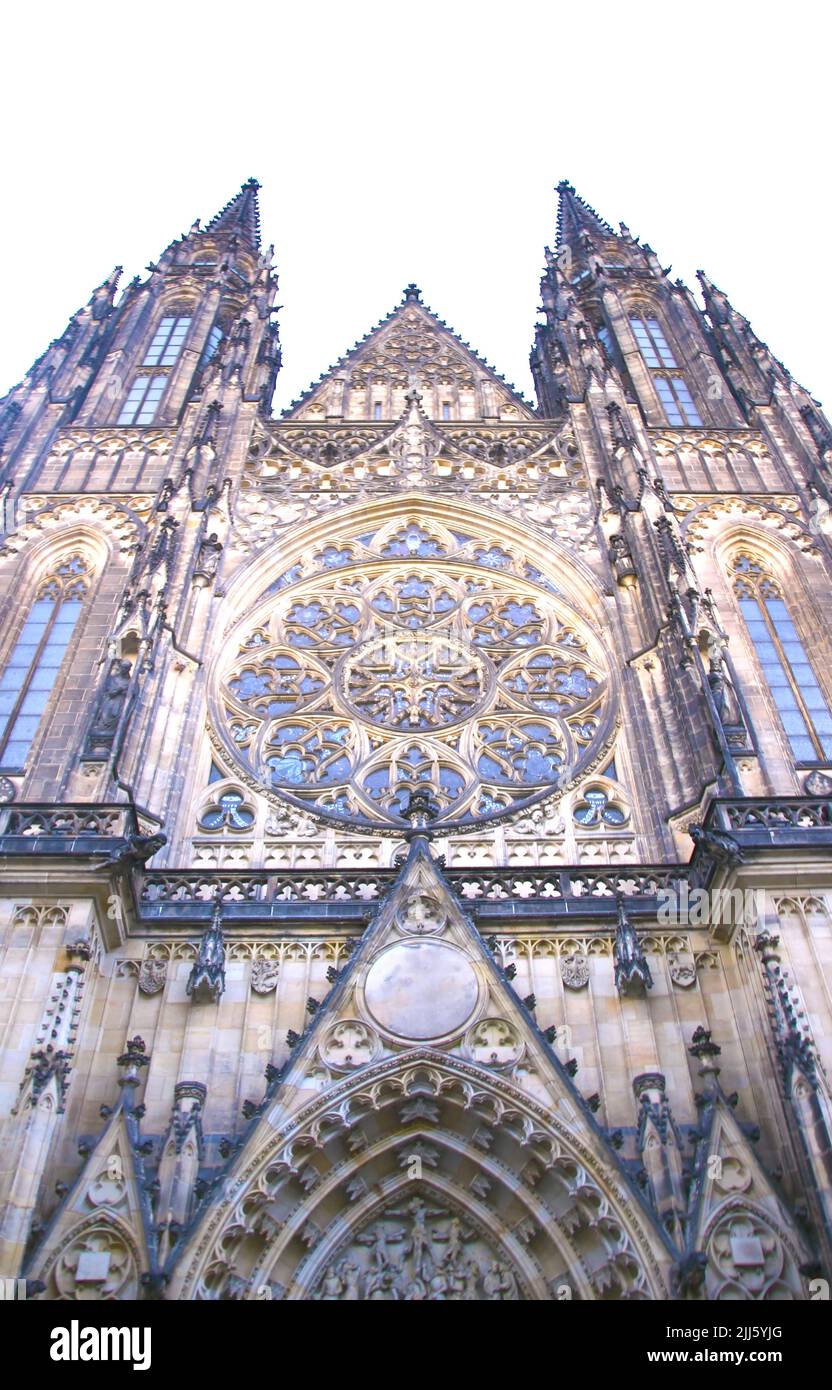 Bottom-up view of an impressive Gothic-style cathedral, with ornamental ...