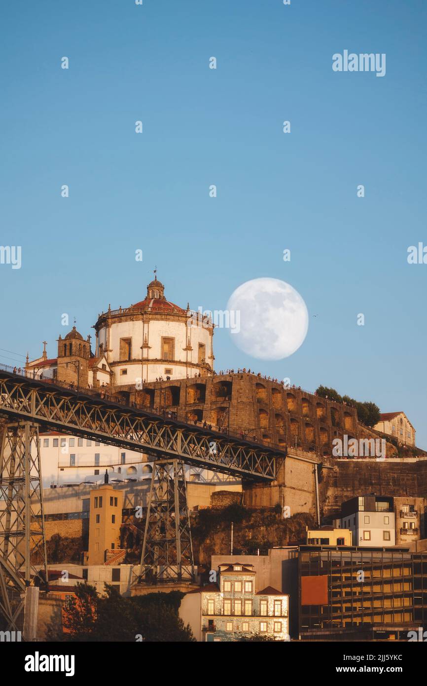 Portugal, Porto District, Vila Nova de Gaia, Full moon over Monastery ...